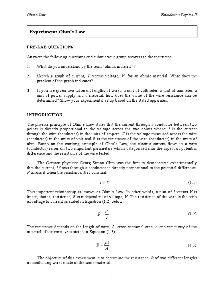 Experiment: Ohm's Law: Pre-Lab Questions | PDF | Electrical Resistance ...