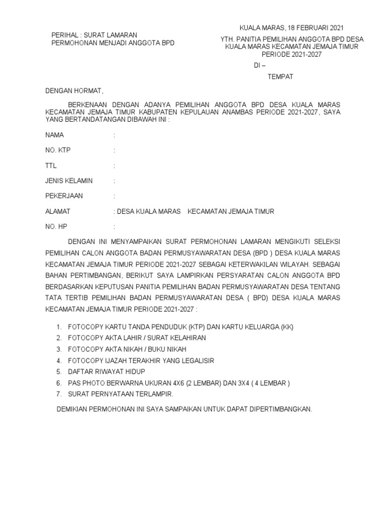 Lamaran Anggota BPD Kuala Maras | PDF