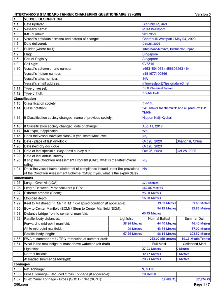 Intertanko 'S Standard Tanker Chartering Questionnaire 88 (Q88) 1 ...