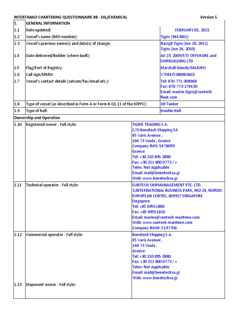 Intertanko Chartering Questionnaire 88 - Oil/Chemical 1. General ...