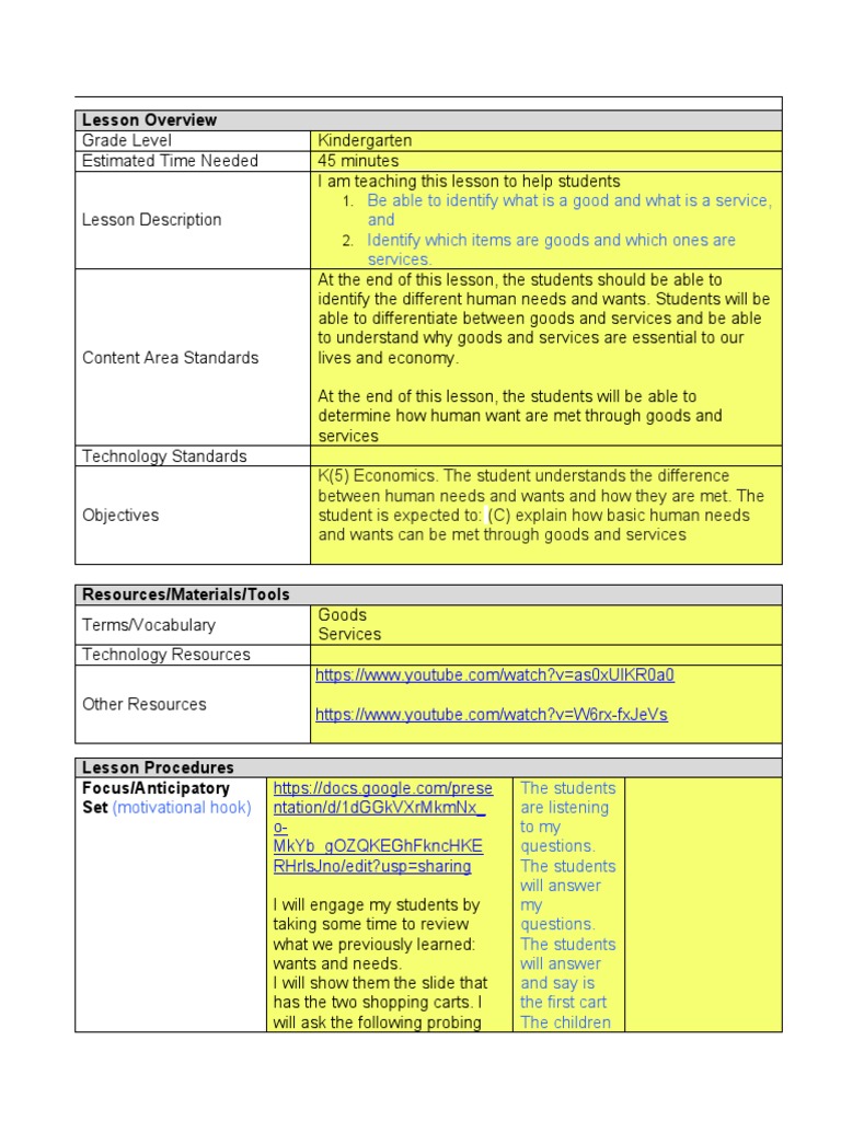 Goods and Services Lesson Plan for K-1 | PDF | Differentiated ...