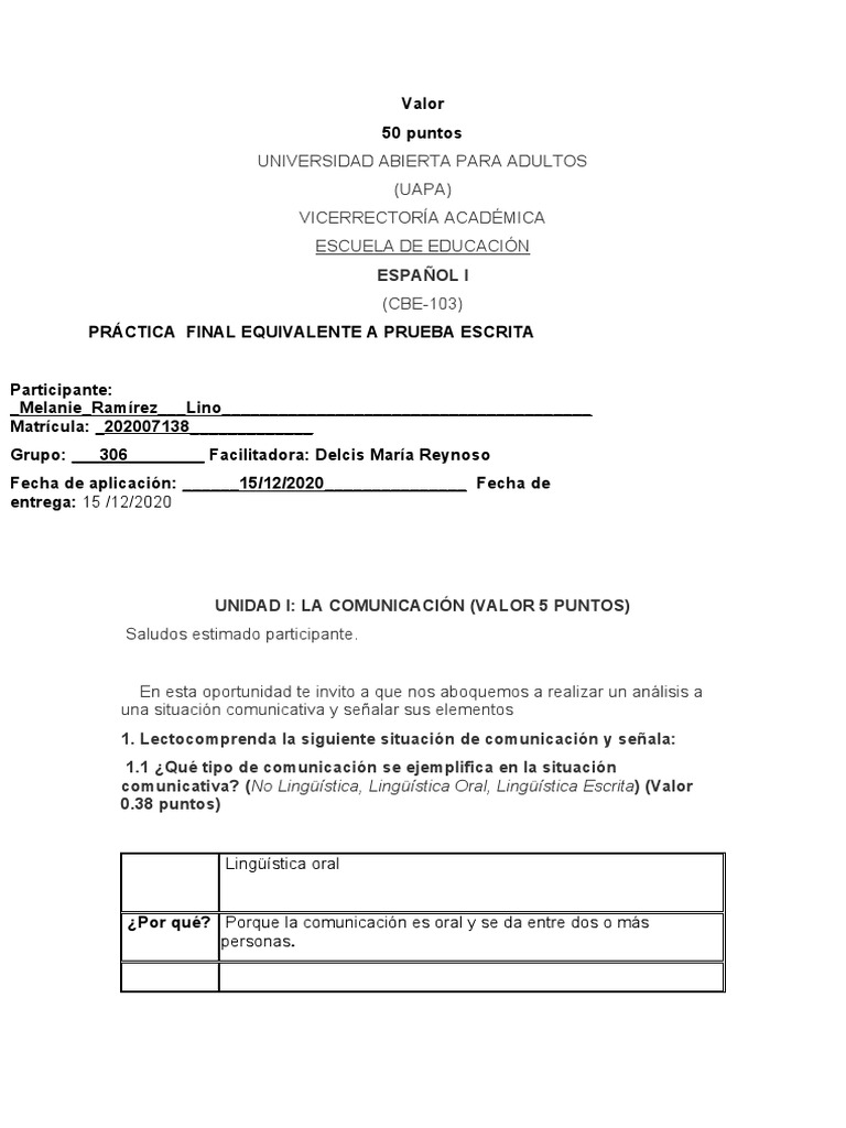 Examen Final Español I UAPA | PDF | Asunto (gramática) | Predicado ...