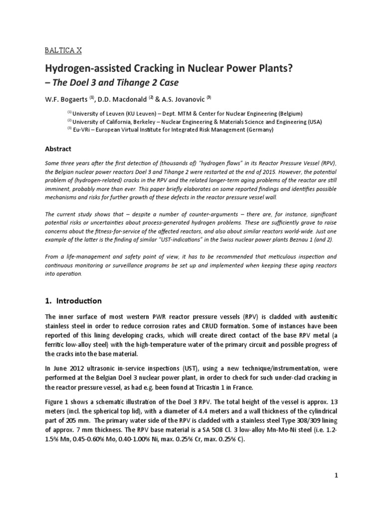 Hydrogen-Assisted Cracking in Nuclear Power Plants?: - The Doel 3 and ...