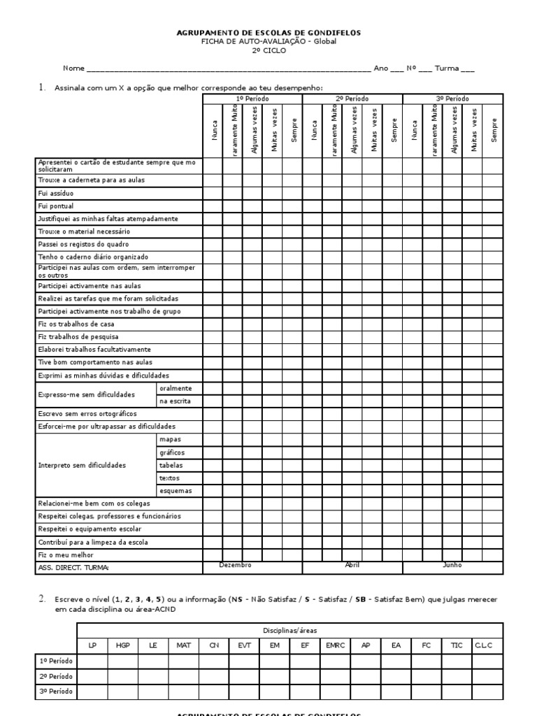 fichas de auto avaliação 2º e 3º ciclos