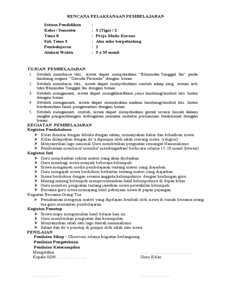 RPP 1 Lembar Kelas 3 Tema 8 Subtema 3 Pembelajaran 2 | PDF | Karier & Perkembangan | Seni ...
