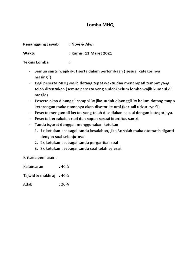 Peraturan dan Kriteria Lomba MHQ | PDF