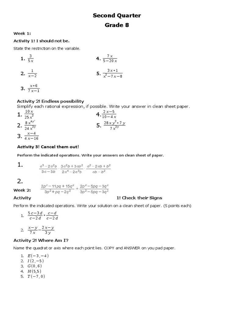 Grade 8 Math 2nd Q Activities | PDF | Applied Mathematics | Algebra