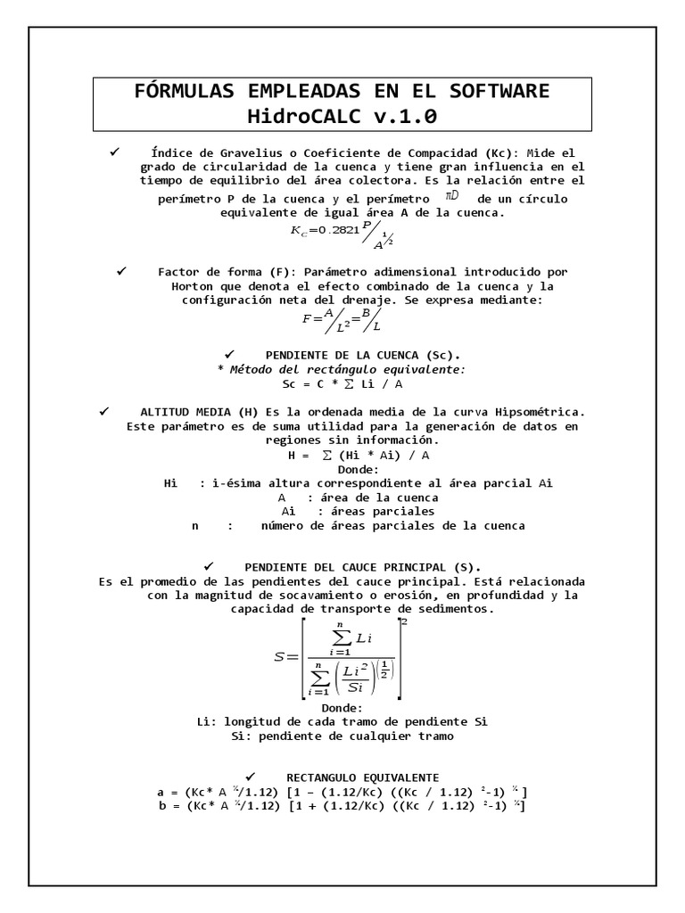 Formulas Manual Hidrocal | PDF | Cuenca de drenaje | Hidrología