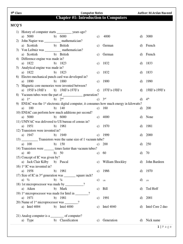 Chapter #1: Introduction To Computers: MCQ'S | PDF | Computer Memory ...