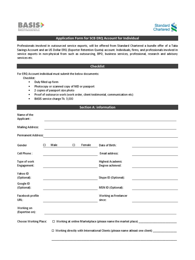 Application Form For SCB ERQ Account For Individual: Female | PDF ...