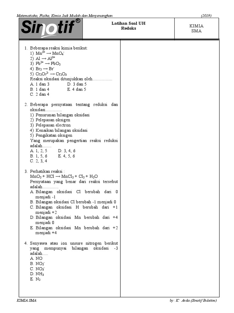 Latihan Soal Redoks Kimia SMA | PDF | Metode & Bahan Ajar | Sains & Matematika