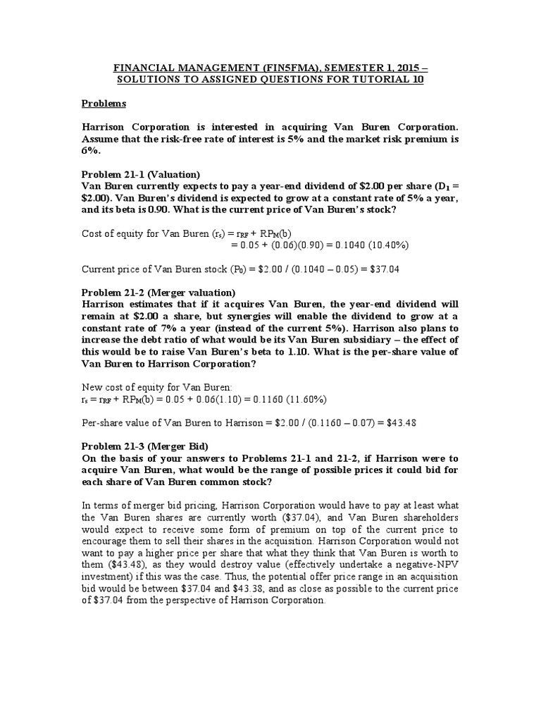 FIN5FMA Tutorial 10 Solutions | PDF | Mergers And Acquisitions | Beta ...