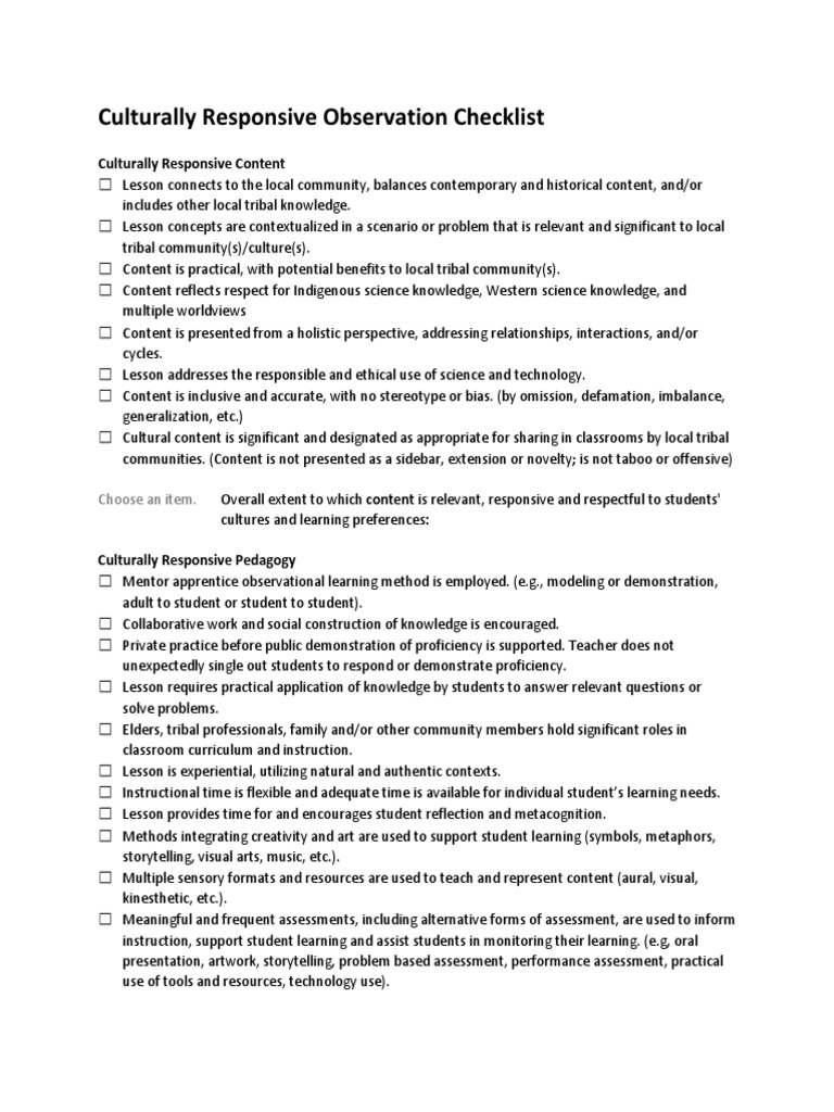 Culturally Responsive Observation Checklist | PDF | Storytelling ...