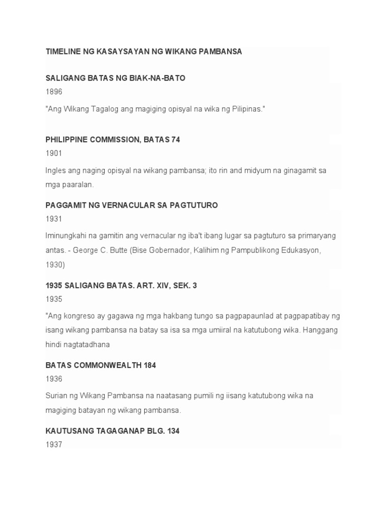 Timeline NG Kasaysayan NG Wikang Pambansa | PDF