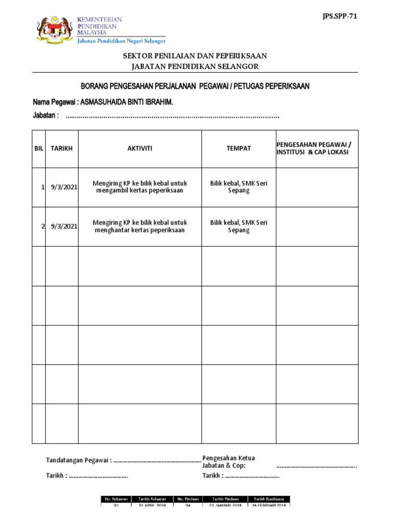 65 JPS - SPP-71 Borang Pengesahan Perjalanan Petugas | PDF