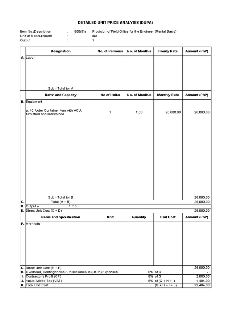 Detailed Unit Price Analysis (DUPA) for Field Office Rental | PDF ...