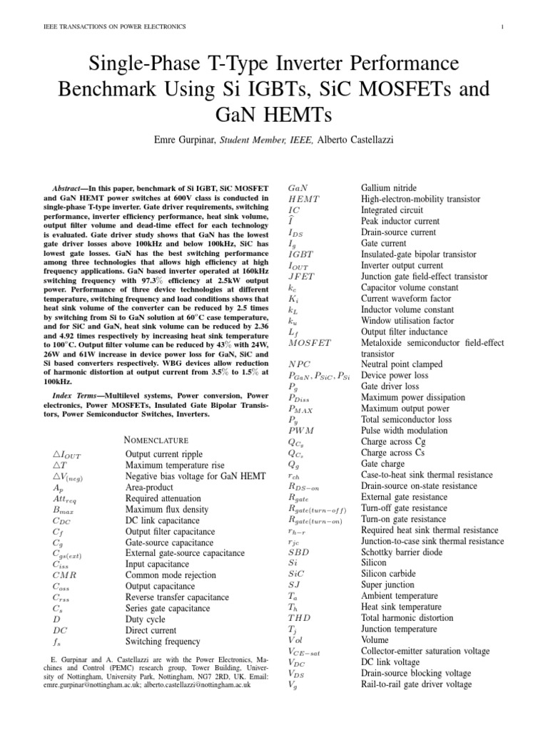 Single-Phase T-Type Inverter Performance Benchmark Using Si IGBTs SiC ...
