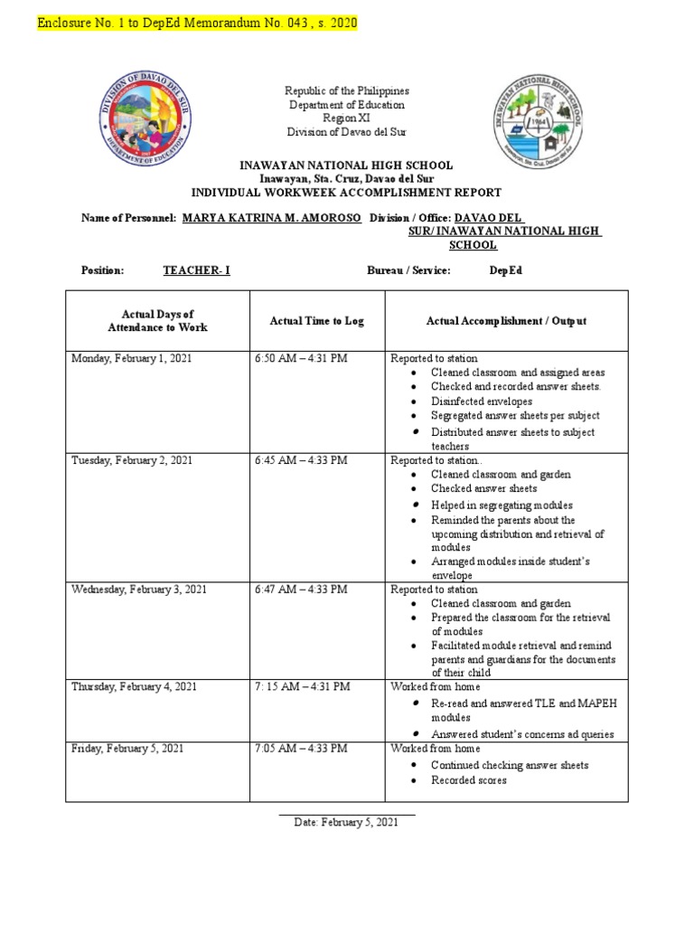 Individual Workweek Accomplishment Report JANUARY | PDF | Workweek And ...