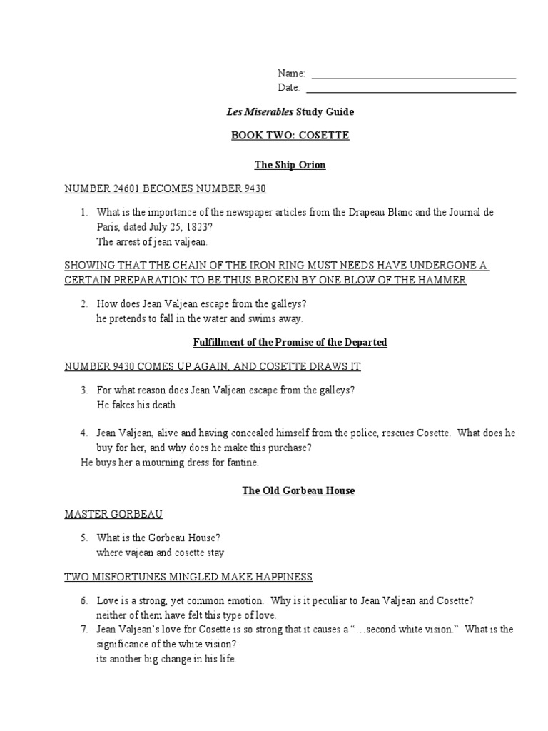 Book Two: Cosette The Ship Orion: Les Miserables Study Guide | PDF ...