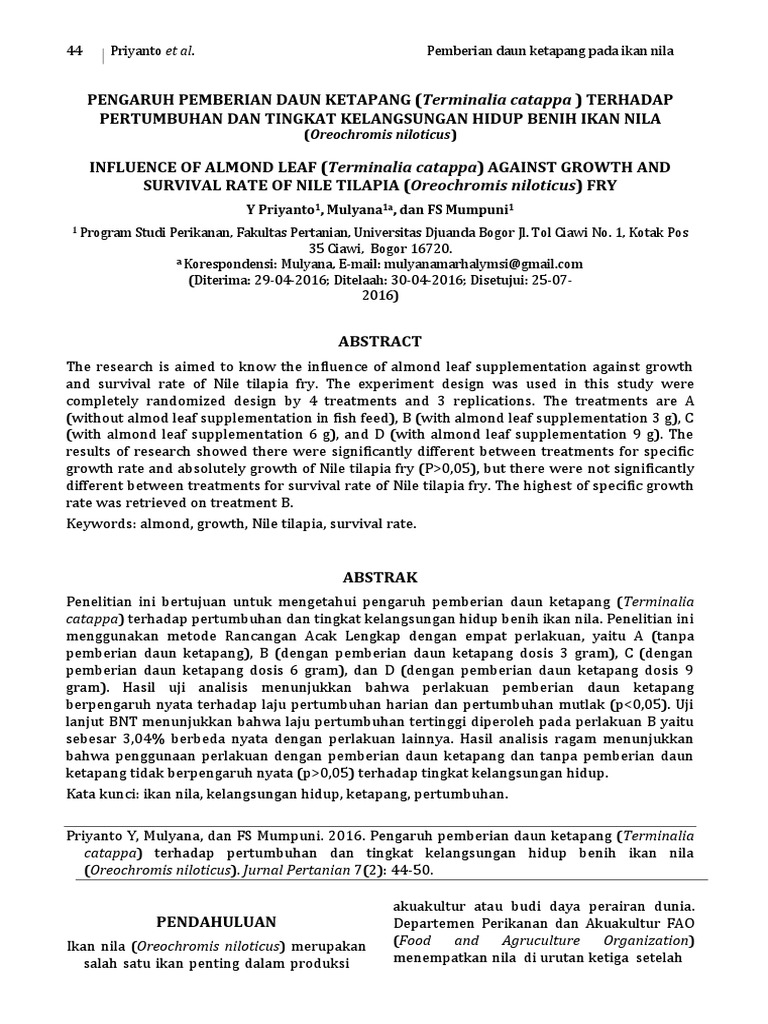 (Oreochromis Niloticus) : Catappa) Terhadap Pertumbuhan Dan Tingkat Kelangsungan Hidup Benih ...