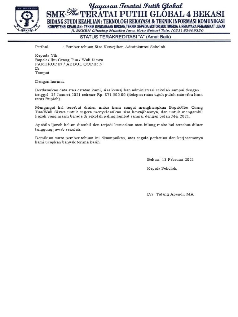 Surat Keterangan Tunggakan | PDF