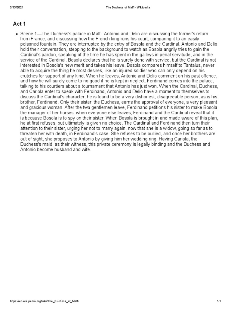 The Duchess of Malfi - Act 1 | PDF