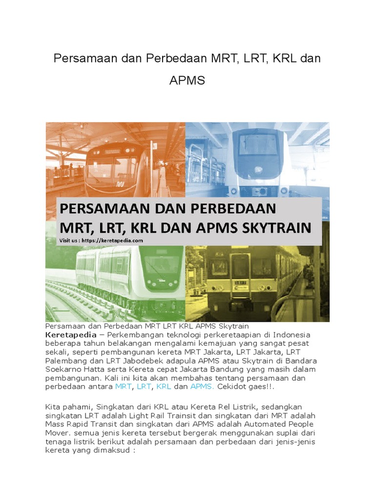 Persamaan dan Perbedaan MRT, LRT, KRL, APMS | PDF