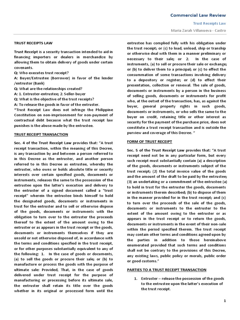 Commercial Law Review: Maria Zarah Villanueva - Castro | PDF | Security ...