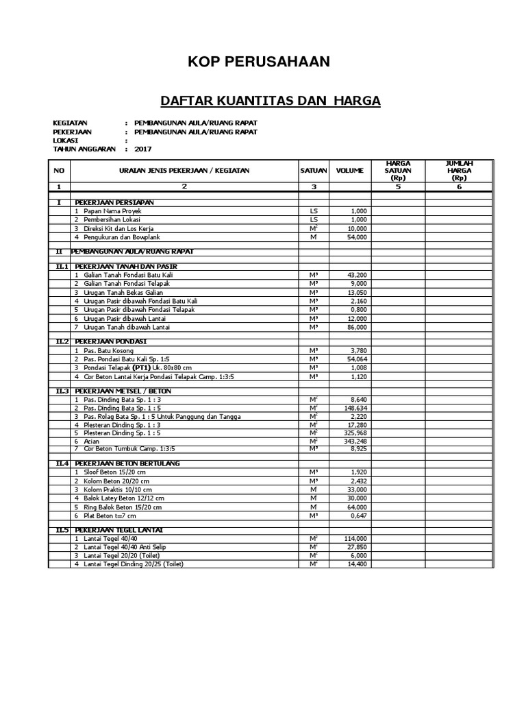 Contoh BOQ Pembangunan Aula | PDF