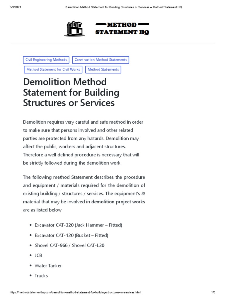 Demolition Method Statement For Building Structures or Services ...
