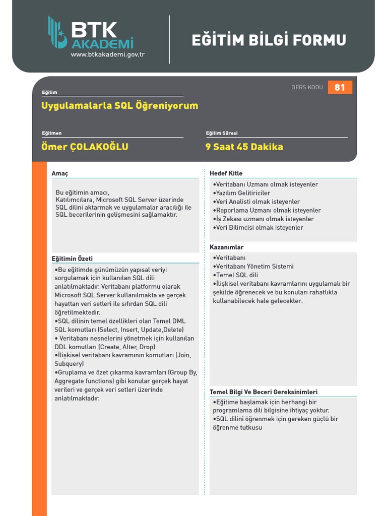 Uygulamalarla SQL Ogreniyorum Egitim Bilgi Formu | PDF