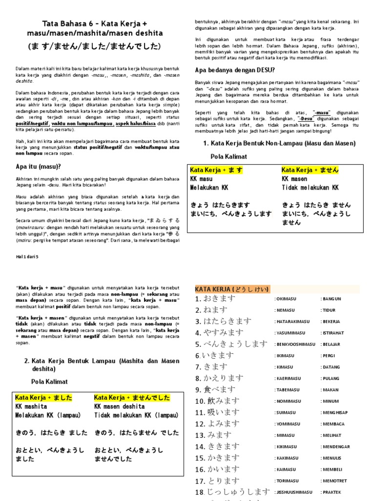 Tata Bahasa 6 KATA KERJA BENTUK MASU | PDF
