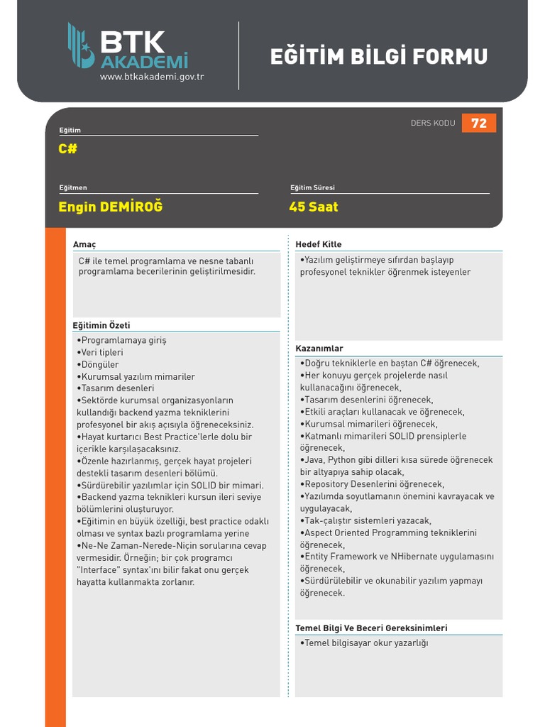 CSharp Egitim Bilgi Formu | PDF