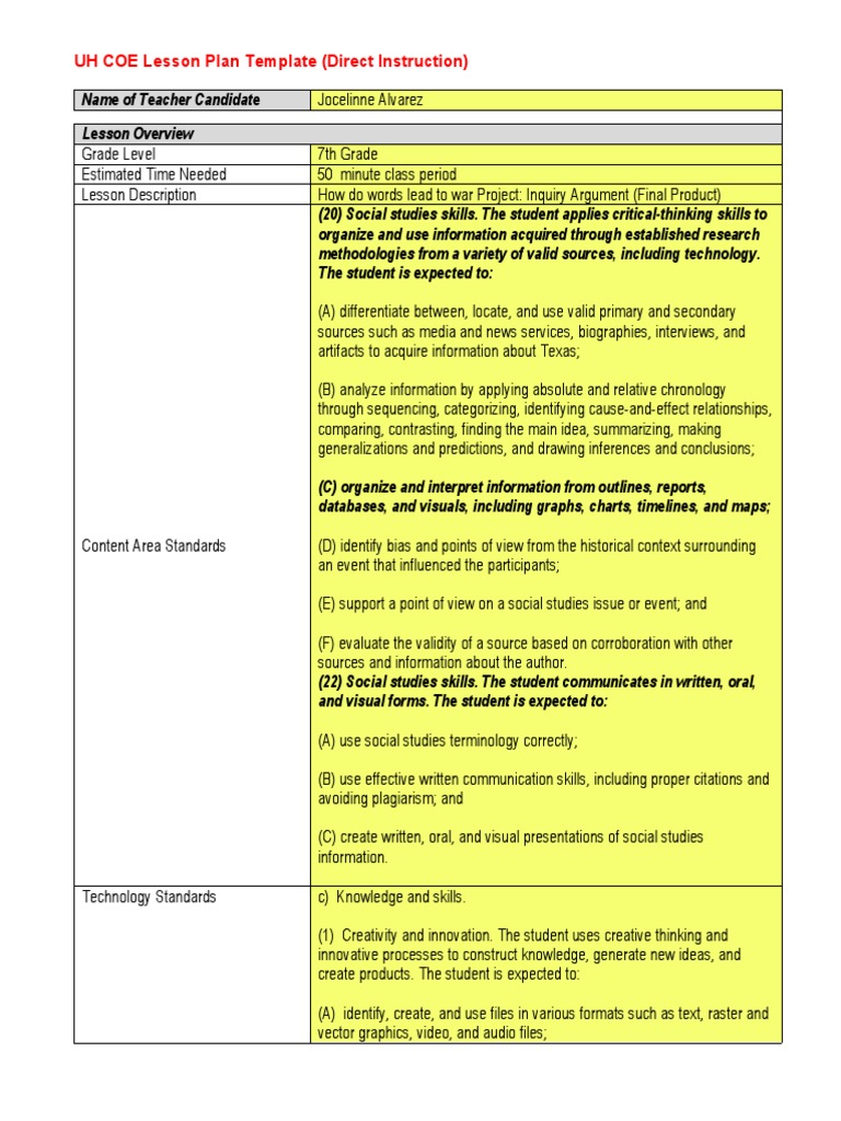 UH COE Lesson Plan Template (Direct Instruction) | PDF | Lesson Plan ...