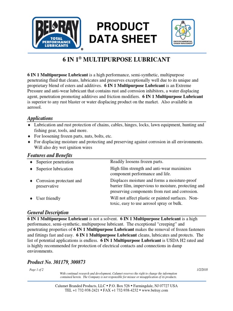 Product Data Sheet: 6 IN 1 Multipurpose Lubricant | PDF | Lubricant | Rust
