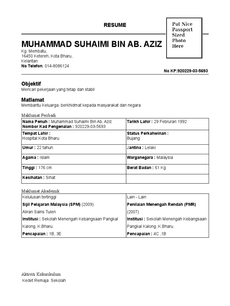 Contoh Resume (BAHASA MELAYU) - MUHAMMAD SUHAIMI BIN AB. AZIZ | PDF