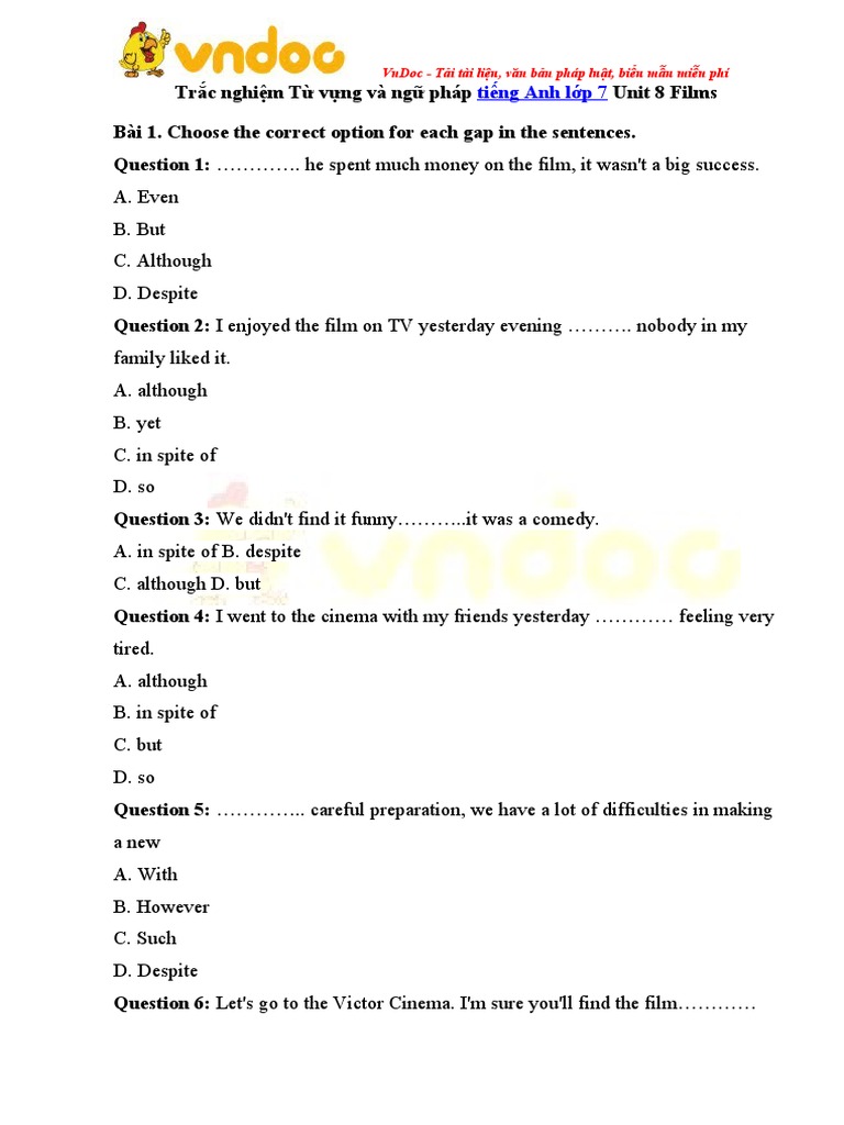 Trac Nghiem Tu Vung Va Ngu Phap Tieng Anh Lop 7 Unit 8 Films | PDF | Games & Activities
