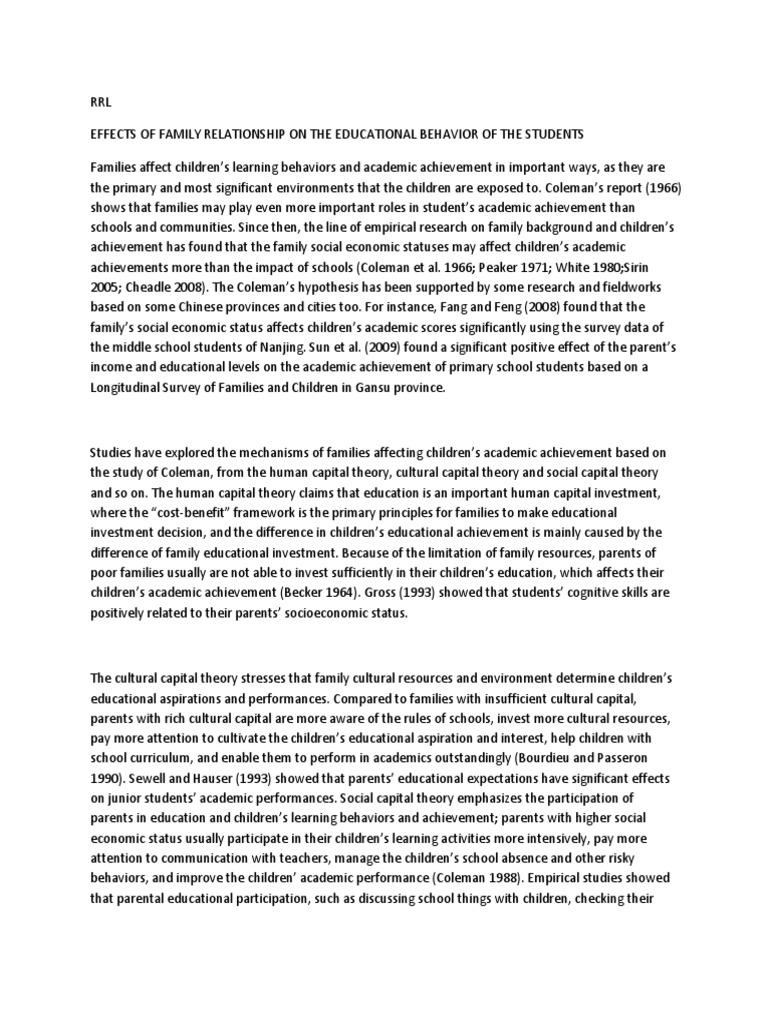 RRL - Effects of Family Relationship On The Educational Behavior of The ...