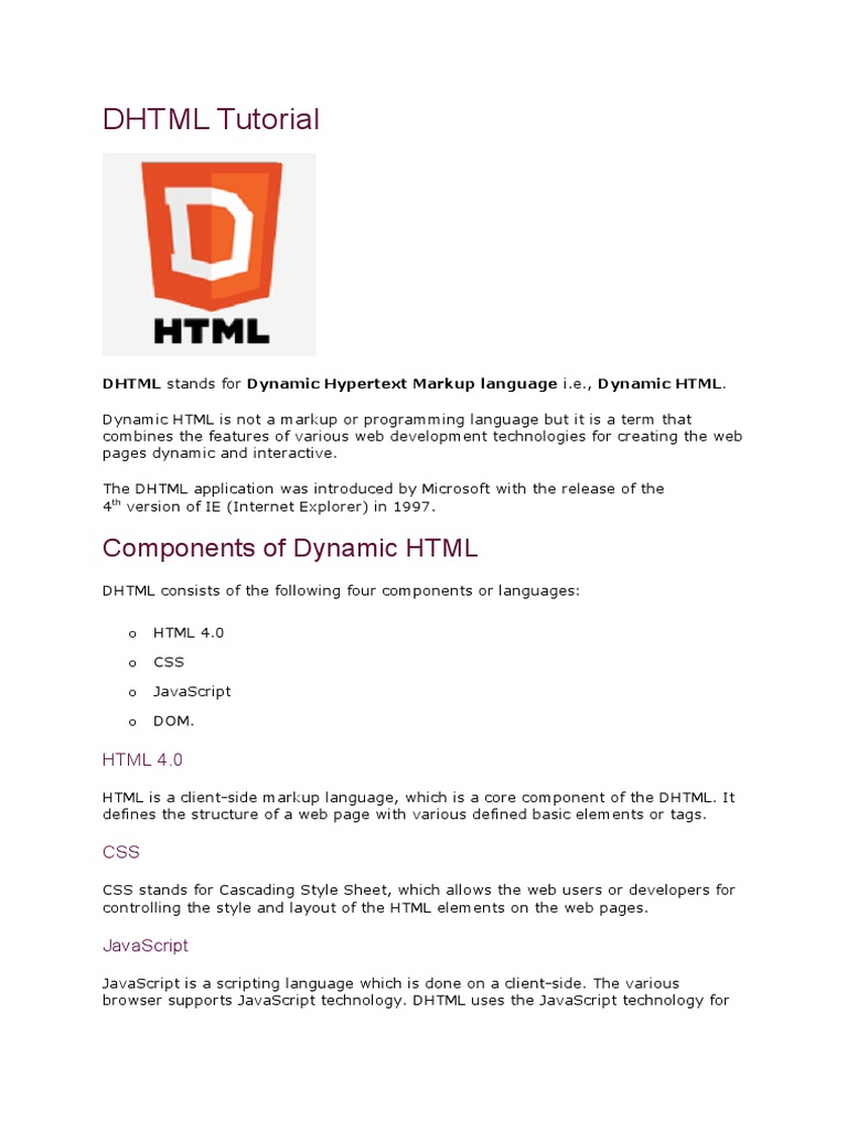 DHTML Tutorial: Components of Dynamic HTML | PDF | Dynamic Html ... DHTML Tutorial: Components of Dynamic HTML | PDF | Dynamic Html ...