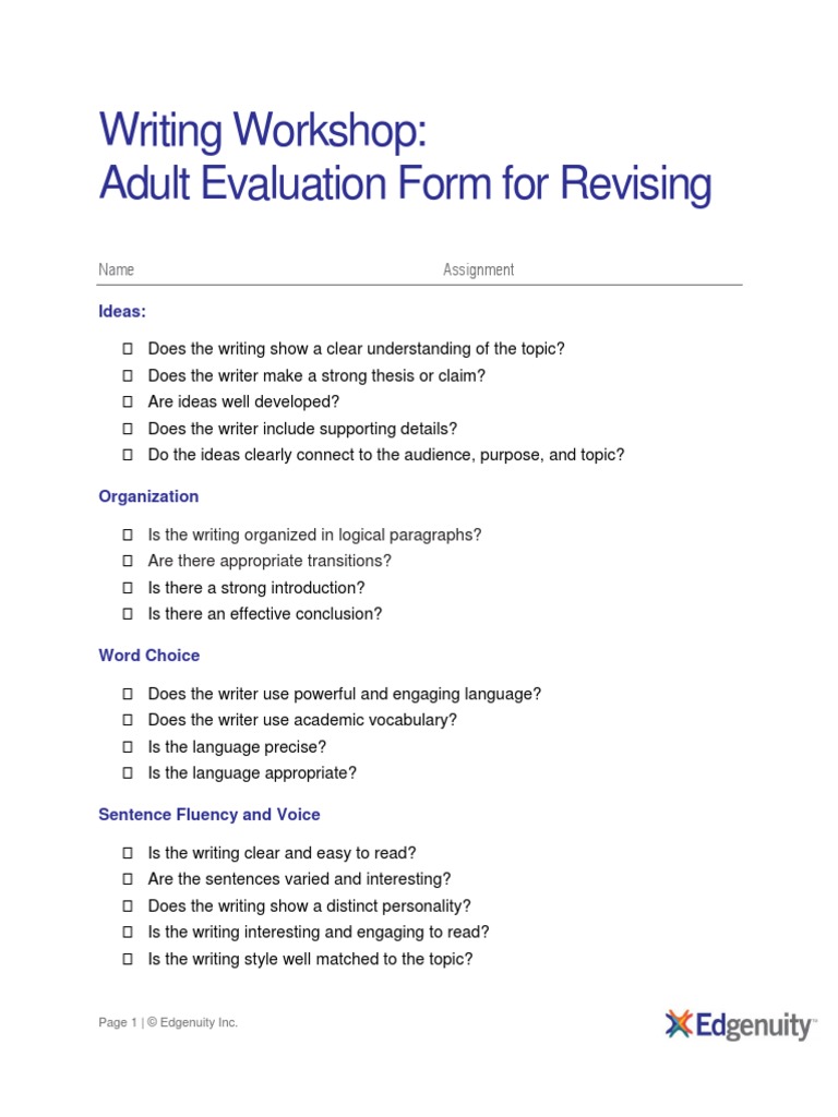 Writing Workshop: Adult Evaluation Form For Revising: Name Assignment ...