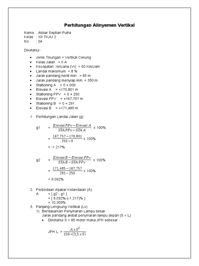 Perhitungan Alinyemen Vertikal: Elevasi PPV Elevasi A Sta PPV Sta A | PDF