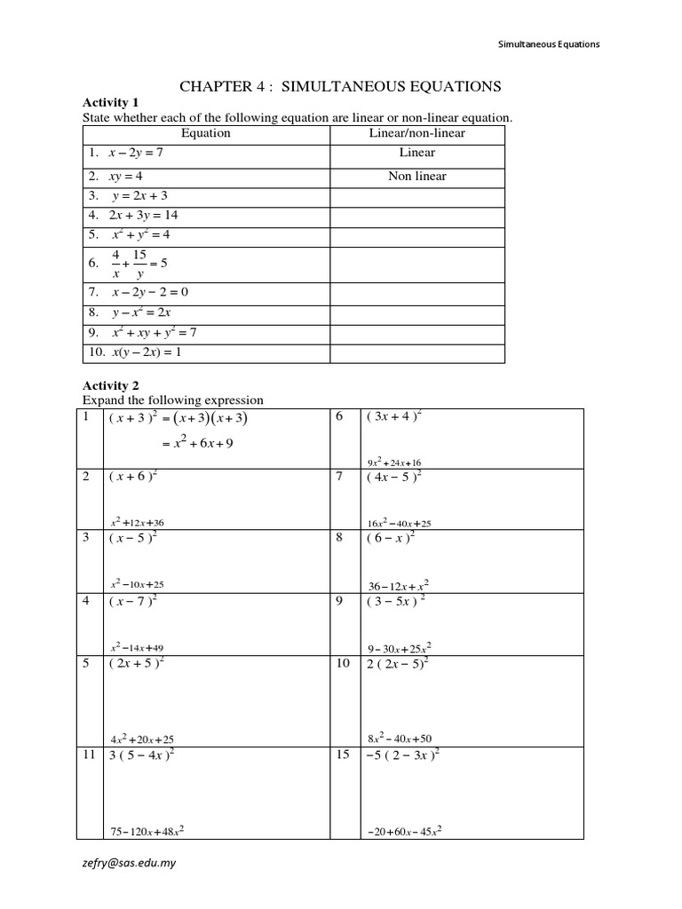 Chapter 4: Simultaneous Equations: Activity 1 | PDF | Equations | Analysis