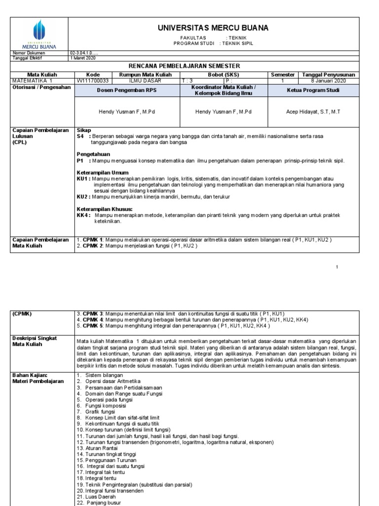 RPS Matematika 1.rev | PDF