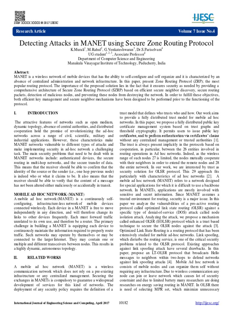 Detecting Attacks In Manet Using Secure Zone Routing Protocol Pdf Wireless Ad Hoc Network