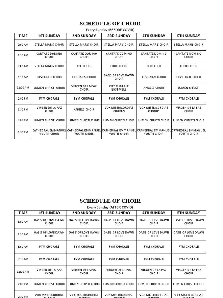 Schedule of Choir: Time 1St Sunday 2Nd Sunday 3Rd Sunday 4Th Sunday 5Th ...