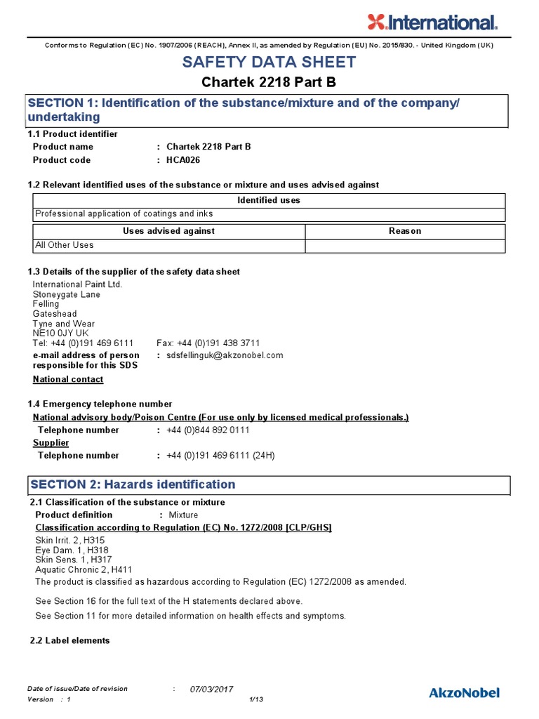 SDS-C9 HCA026 Chartek 2218 Part B - Eng | PDF | Toxicity | Firefighting