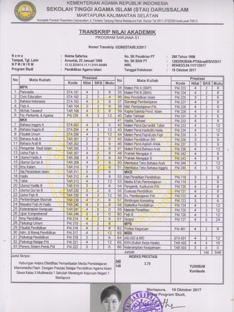 Transkrip Nilai S1 Naima 001 | PDF