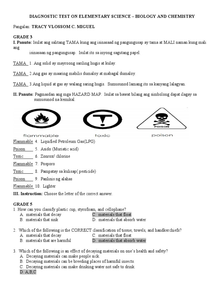 Diagnostic Test On Elementary Science - Chemistry | PDF | Mixture ...