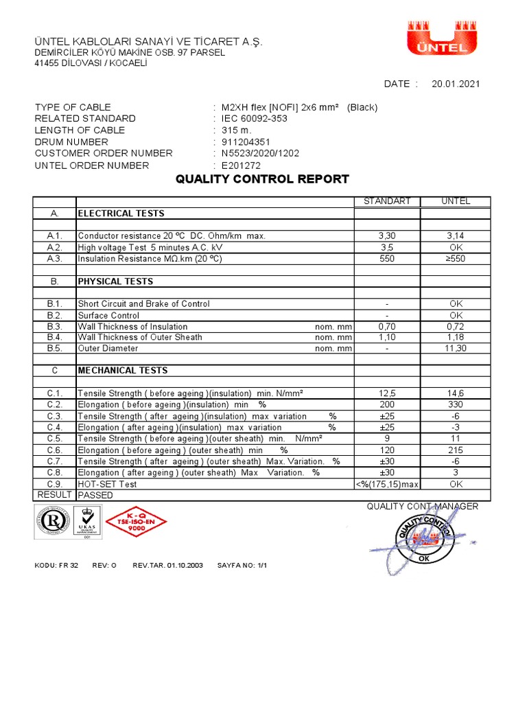 ÜNTEL cable quality control reports | PDF | Insulator (Electricity ...