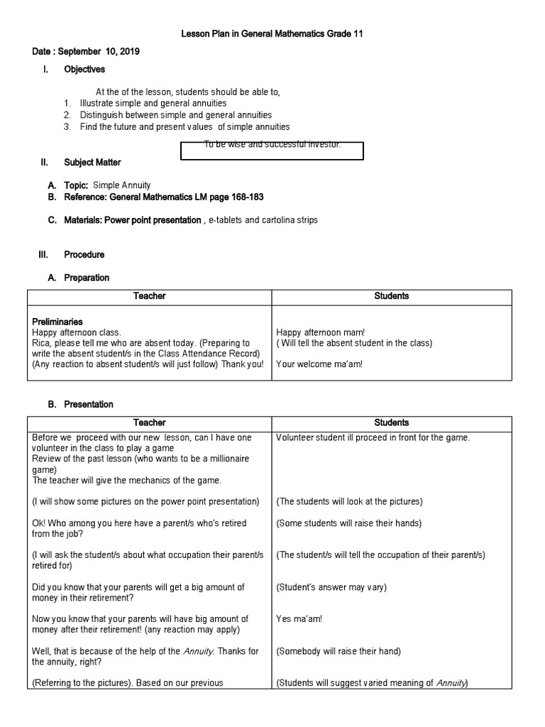 Lesson Plan in General Mathematics Grade 11 | PDF | Time Value Of Money ...